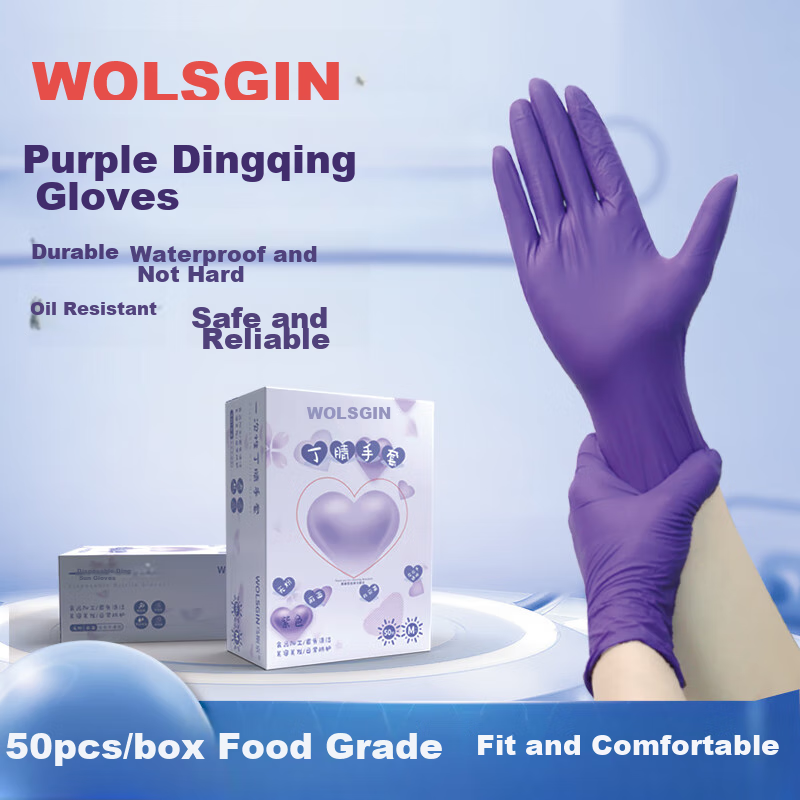 WOLSGIN Одноразовые нитриловые перчатки Food-Grade 50 шт. средний размер утолщенные фиолетовые защитные перчатки