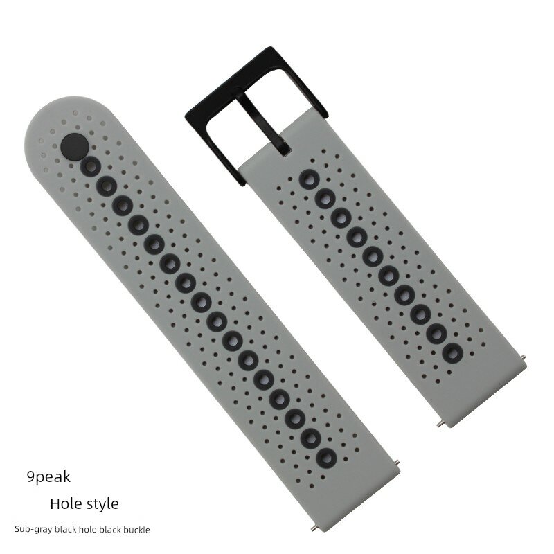 Suunto 9 Peak 22 мм светло-серая силиконовая браслет с черной пряжкой, черные перфорированные отверстия