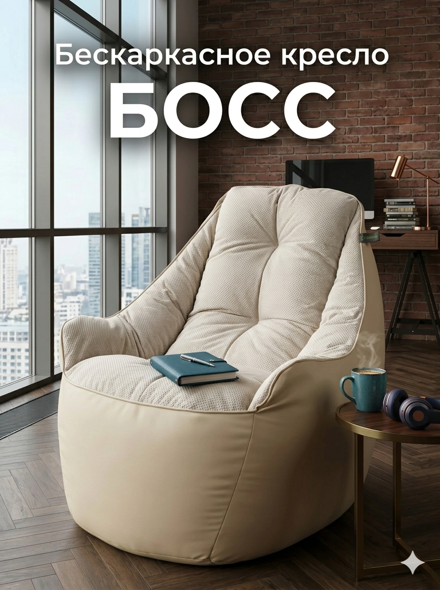 Кресло-мешок Пуффбери «Босс», размер большой, Эко-кожа и велюр Бежевый