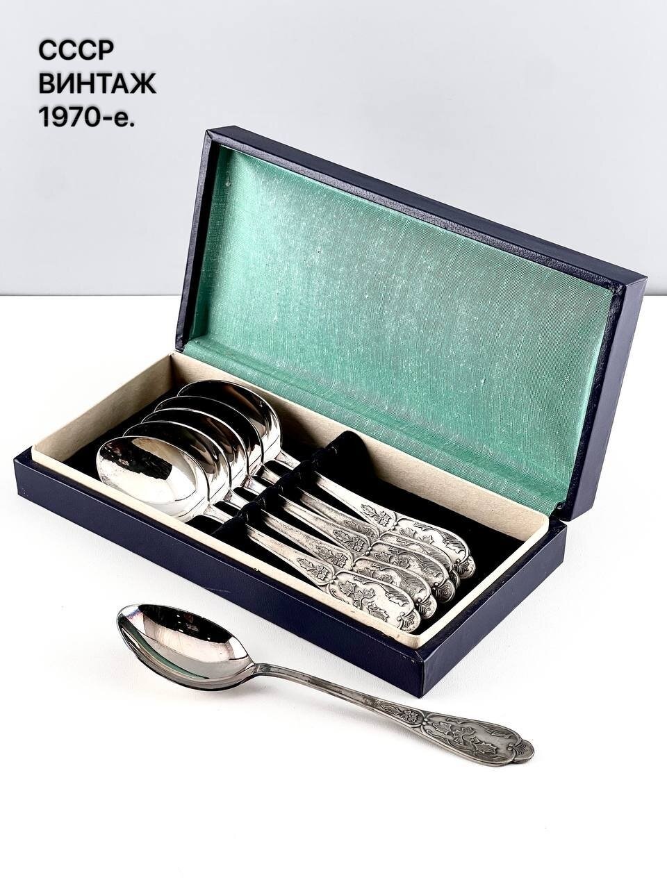 Винтажные столовые ложки "Растительный декор". Набор 6 шт. Мельхиор. СССР, 1970-е.