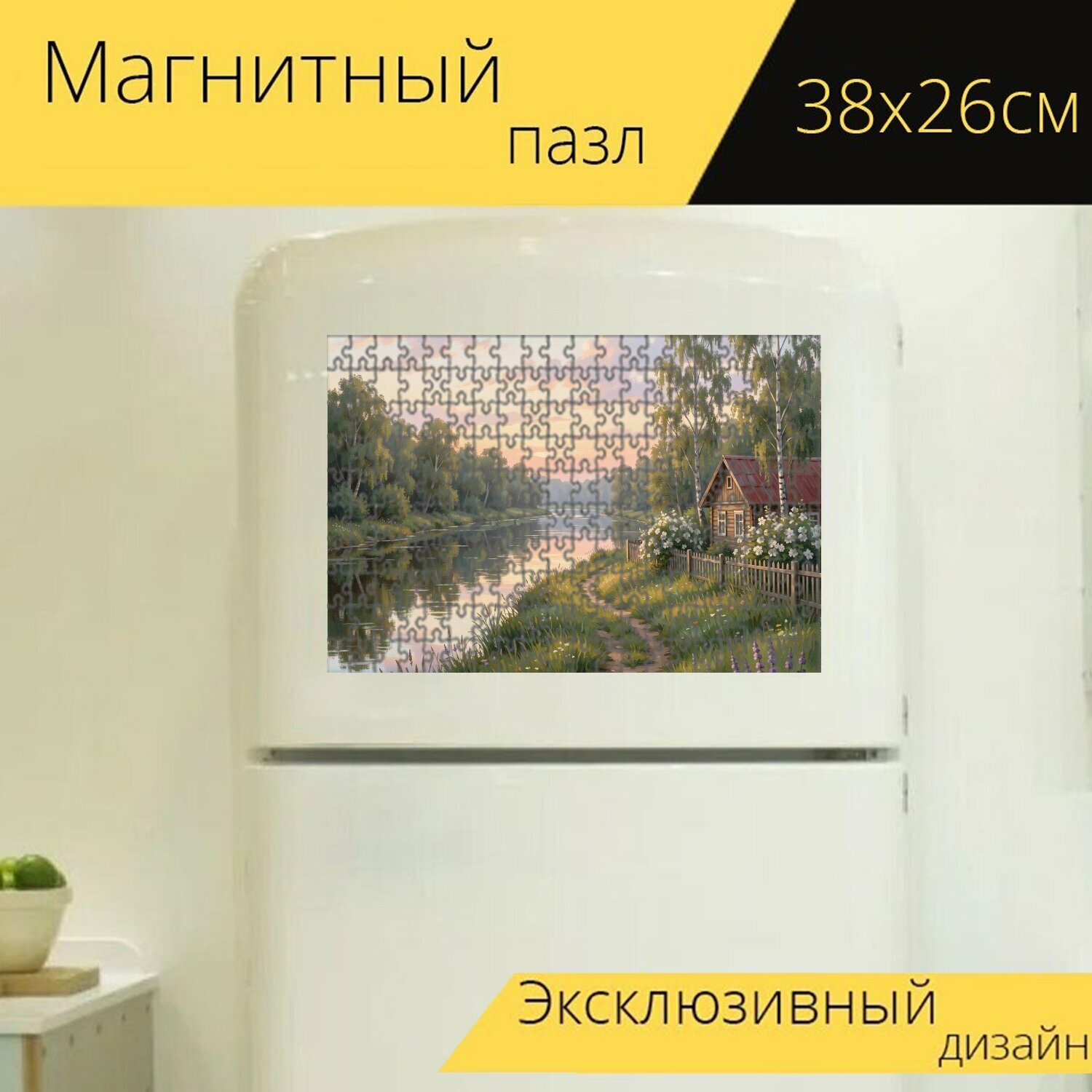 Магнитный пазл "Тихая деревня у реки. Живописный сельский берег с извилистой тропинкой, деревянным домом за забором, берёзами и цветущими травами." для интерьера, 38х26 см.