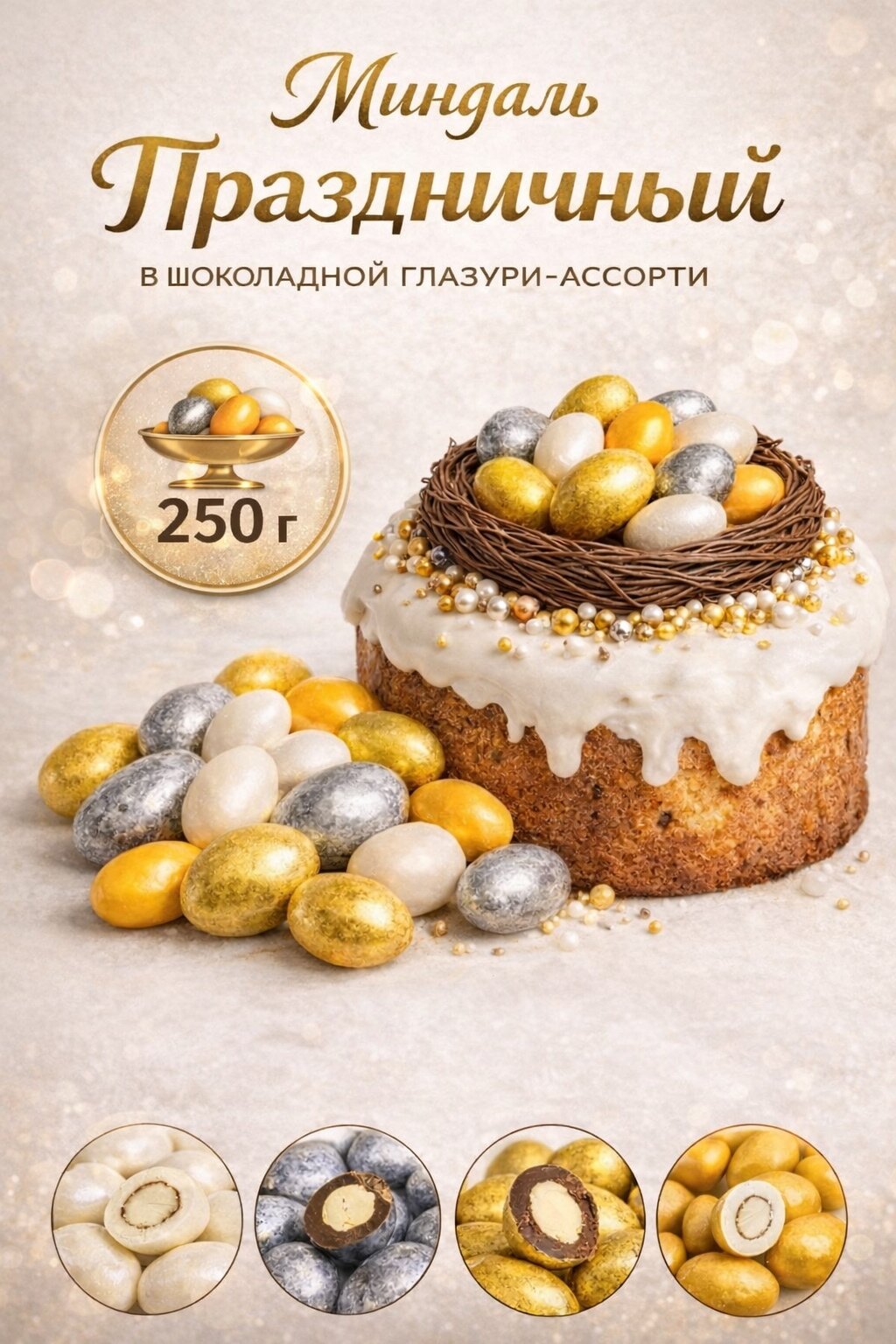 Миндаль в шоколадной глазури "Праздничный" ассорти (золото, серебро, бронза, жемчуг) 250 г