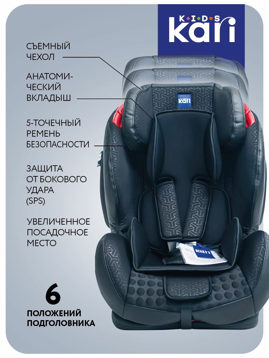 Автокресло kari Kids детское 9-36 кг (группы 1/2/3) с регулировкой подголовника и наклона сиденья, чёрный, цвет чёрный