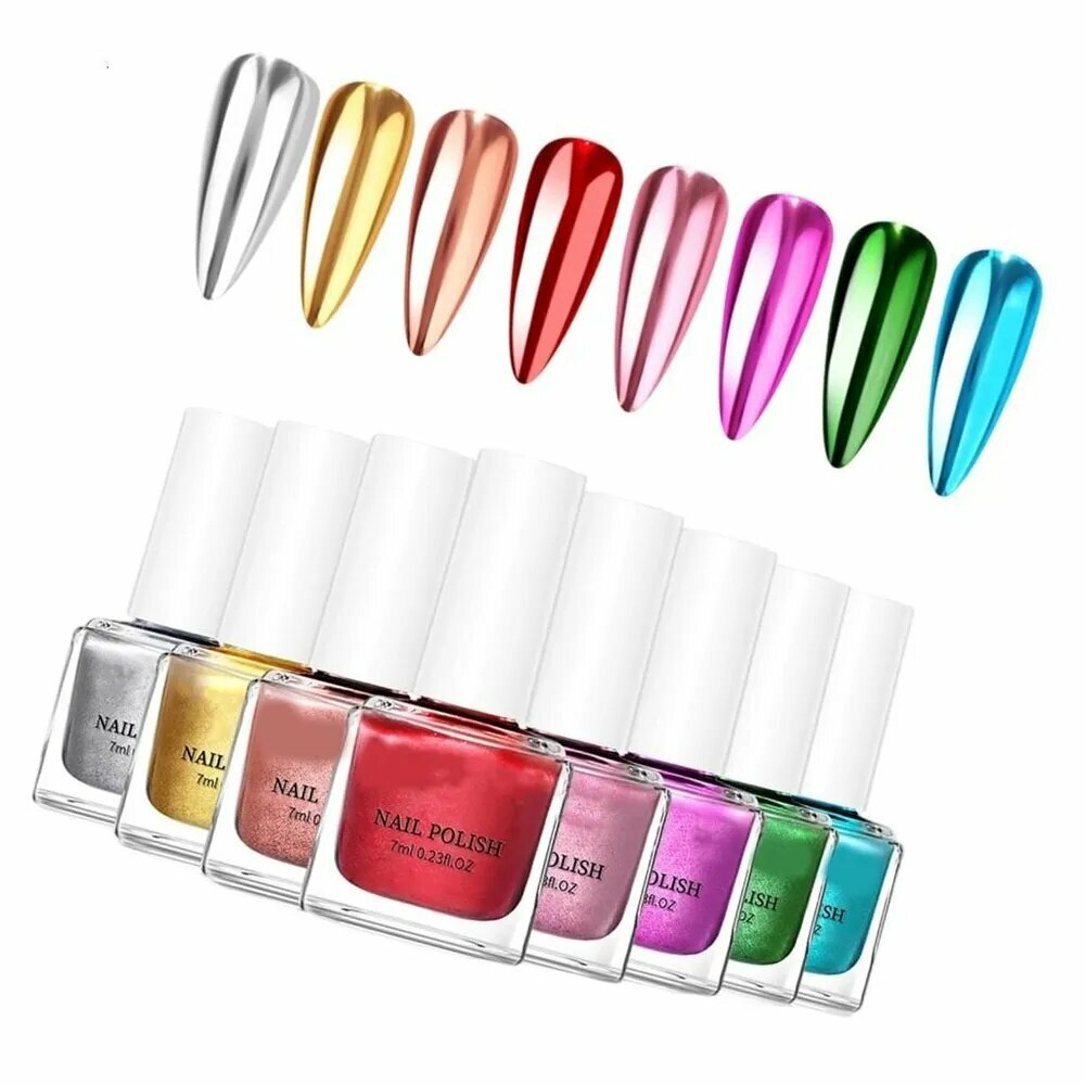 Набор из 8 лаков с зеркальным эффектом, быстросохнущий, без лампы, разноцветный