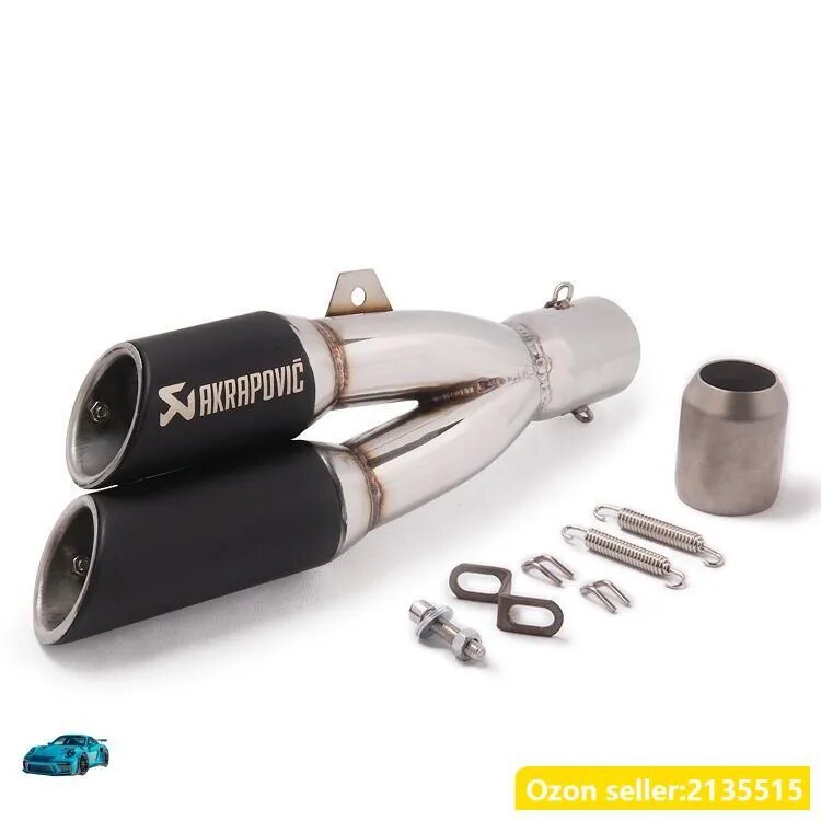 Глушитель мото двойной черный + хром Akrapovic для мотоцикла трицикла, универсальный, 1 шт.