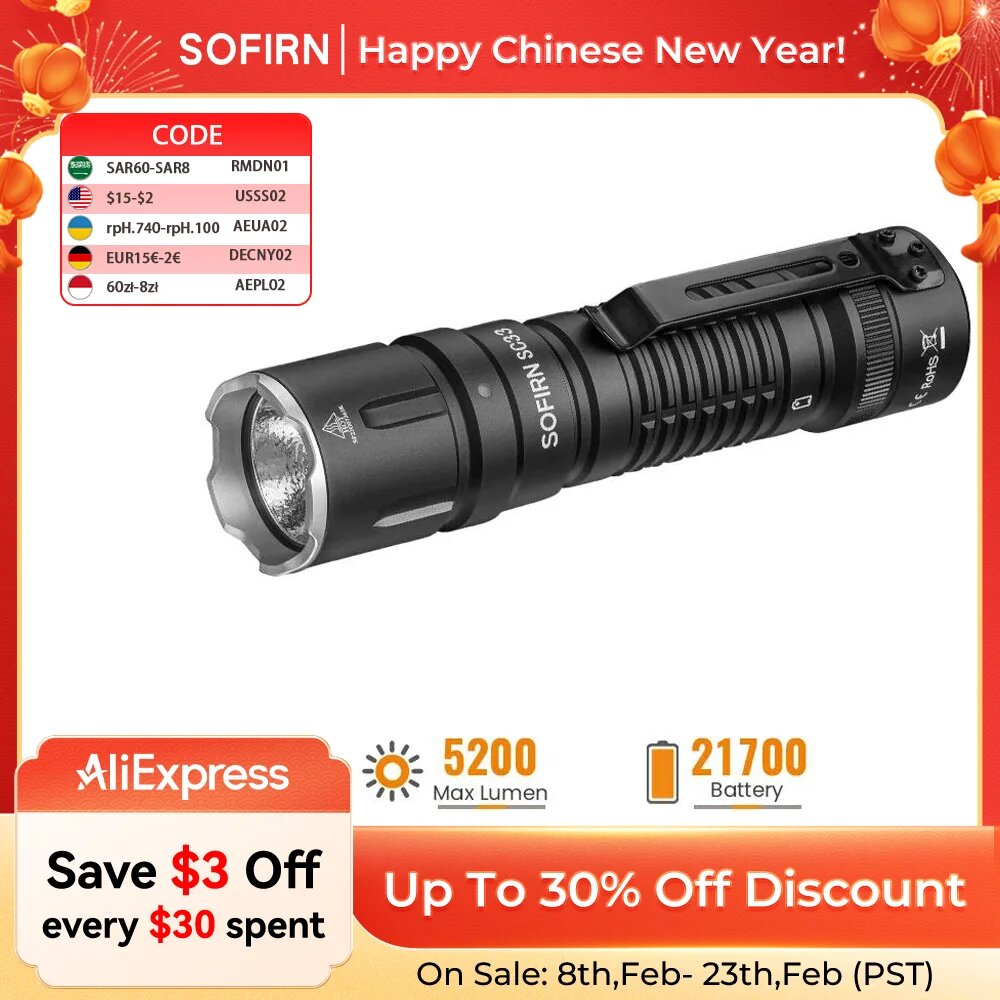Sofirn SC33 тактический фонарик XHP70.3 5200лм 6000-6500K