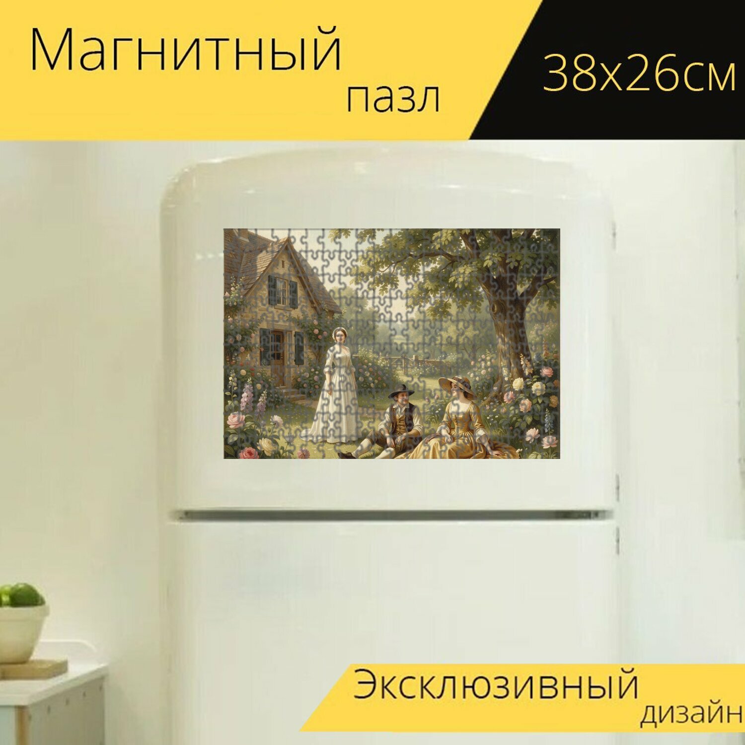 Магнитный пазл "Романтический сад у старинного дома. Уютная английская усадьба с цветущими кустами, раскидистым деревом и тремя персонажами в исторических." для интерьера, 38х26 см.