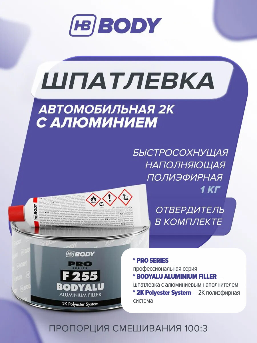 Шпатлевка автомобильная с алюминием 1 кг 2К серая с отвердителем / HB BODY F255 / шпаклевка полиэфирная