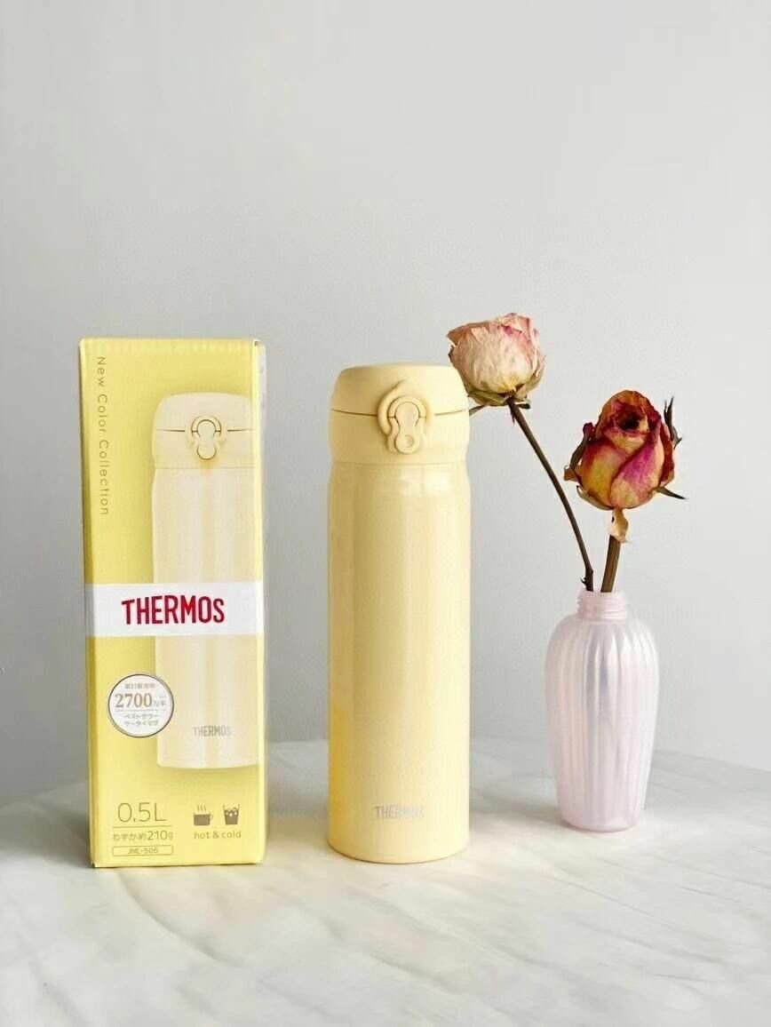 Thermos Термокружка 0.5 л, холод 24 ч, тепло 12 ч, вакуумная, кнопка-клапан, светло-желтый