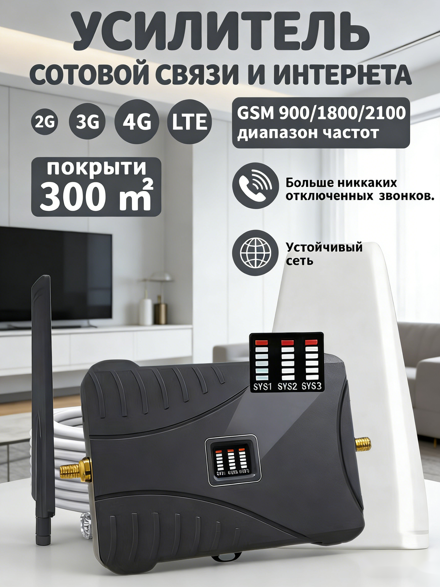 Усилитель сотовой связи-телефона 2G, 3G и 4G, 900 - 1800-2100 МГц -усилитель gsm сигнала