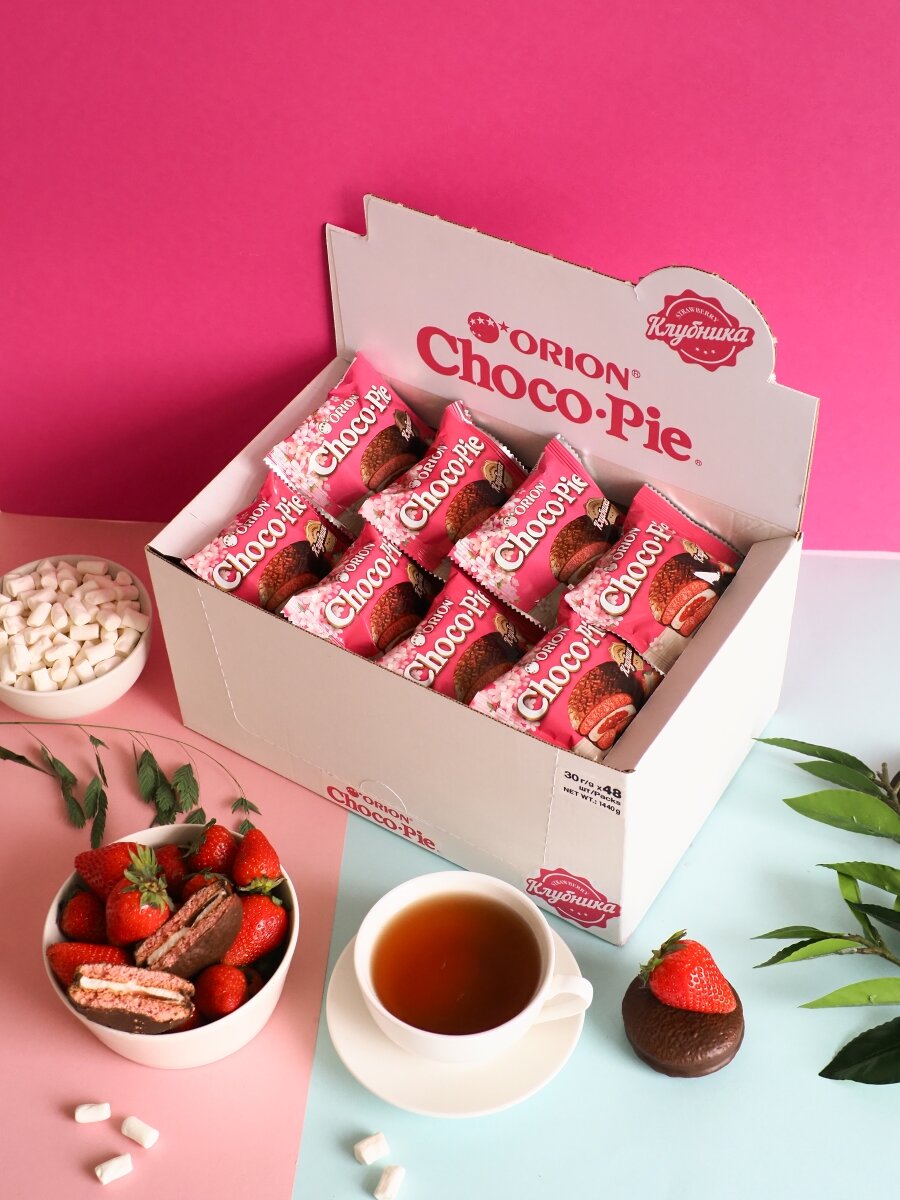 Пирожное Orion Choco Pie Клубника 48 штук 1440 гр, клубничный джем, маршмеллоу