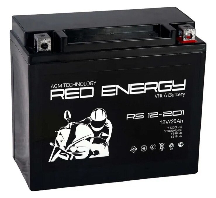 Аккумулятор для мотоцикла и скутера Red Energy RS 12201 12V 20 А/ч 280 A обр. пол. залит/заряжен YTX20L-BS, YTX20HL-BS, YB16L-B, YB18L-A (177x88x154) AGM
