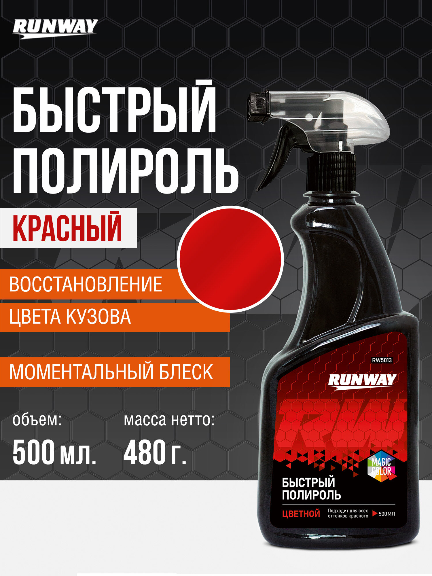 Быстрый полироль для автомобиля цветной - красный 500мл RANWAY