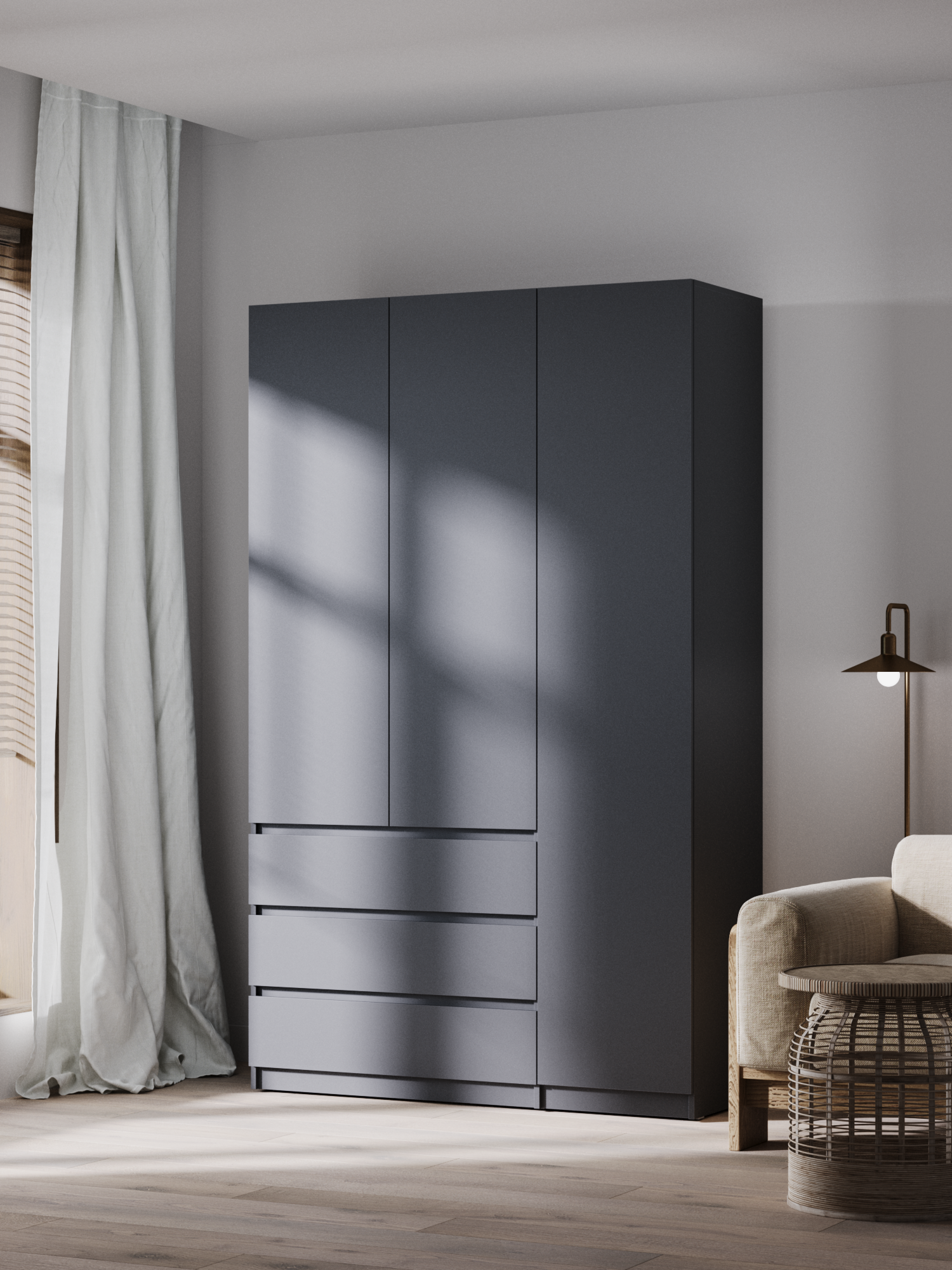 Шкаф для одежды Нонтон Грандис, 135x50x220 см, 3 ящика и 7 полок, графит