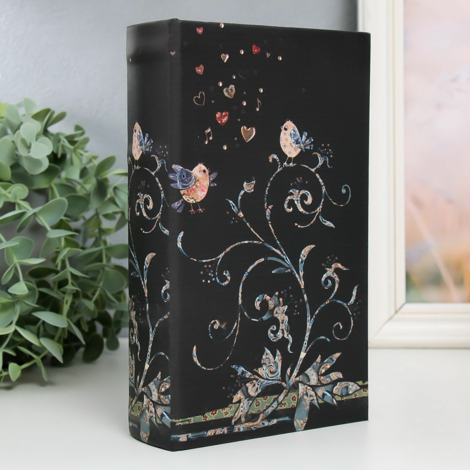 Шкатулка книга-сейф "Птицы и завитки", дерево, искусственная кожа, 21x13x5 см