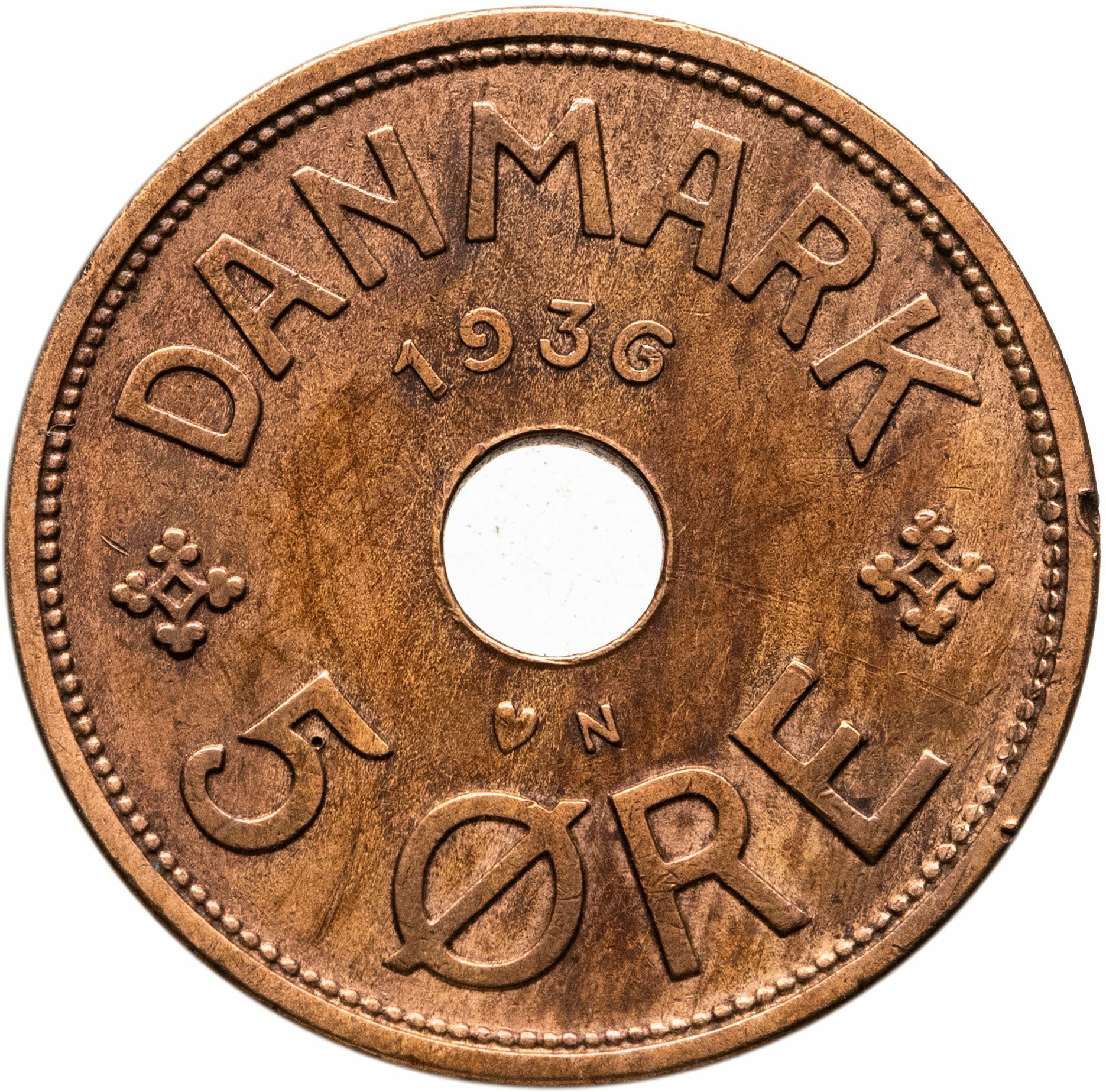 Дания 5 эре ore 1936, Бронза, в сохранности XF