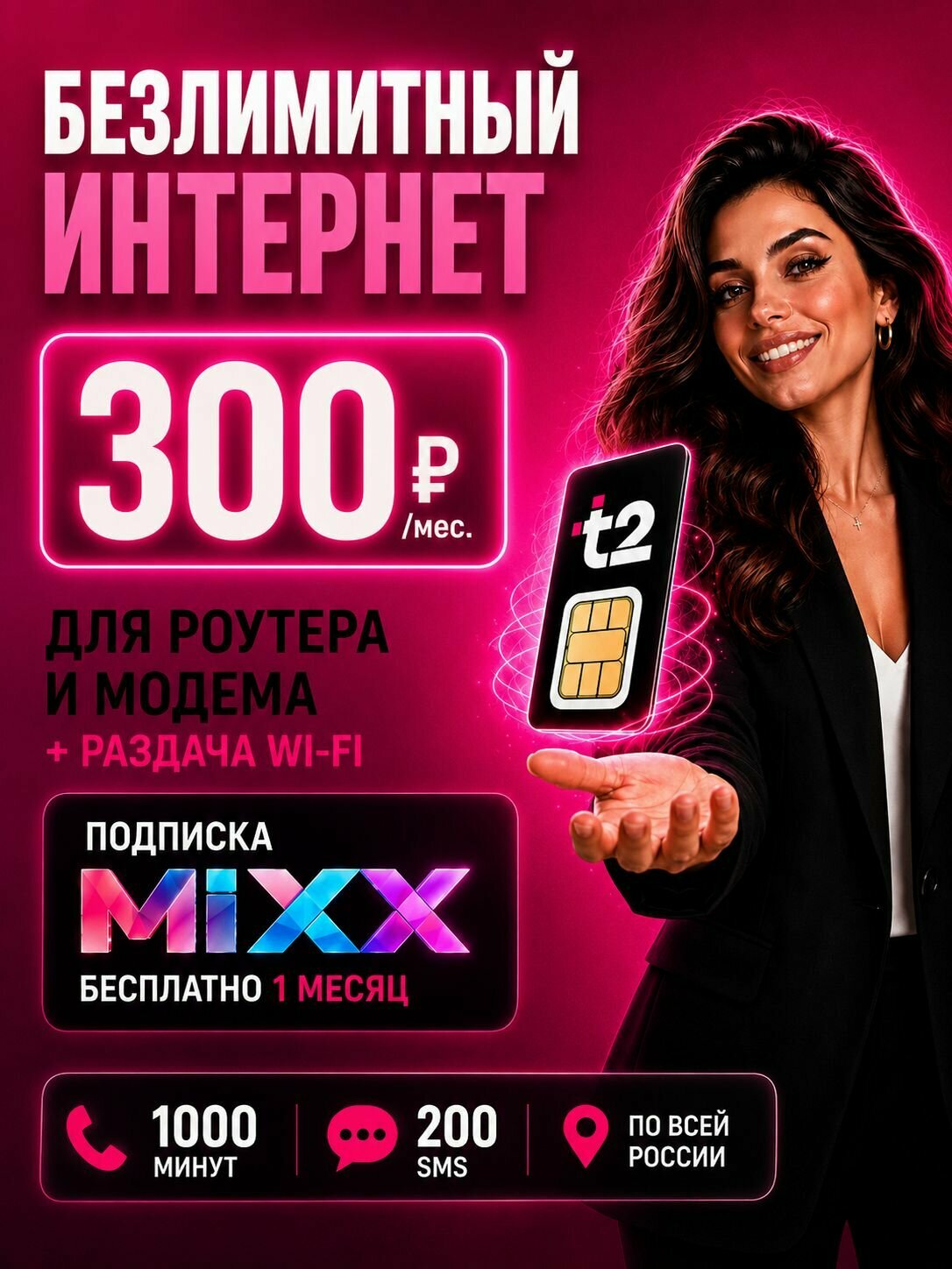T2 сим карта безлимитный интернет и раздача для роутера, модема, камер видеонаблюдения Симка t2 1000 минут и 200 SMS по всей России Тариф Т2 "Партнер М" 300 р/мес.