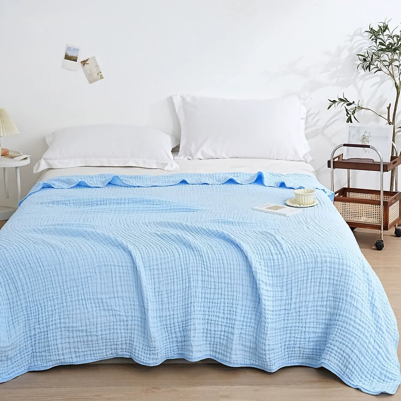 Муслиновое одеяло из хлопка 6-слойное для взрослых 150x200cm, baby blue