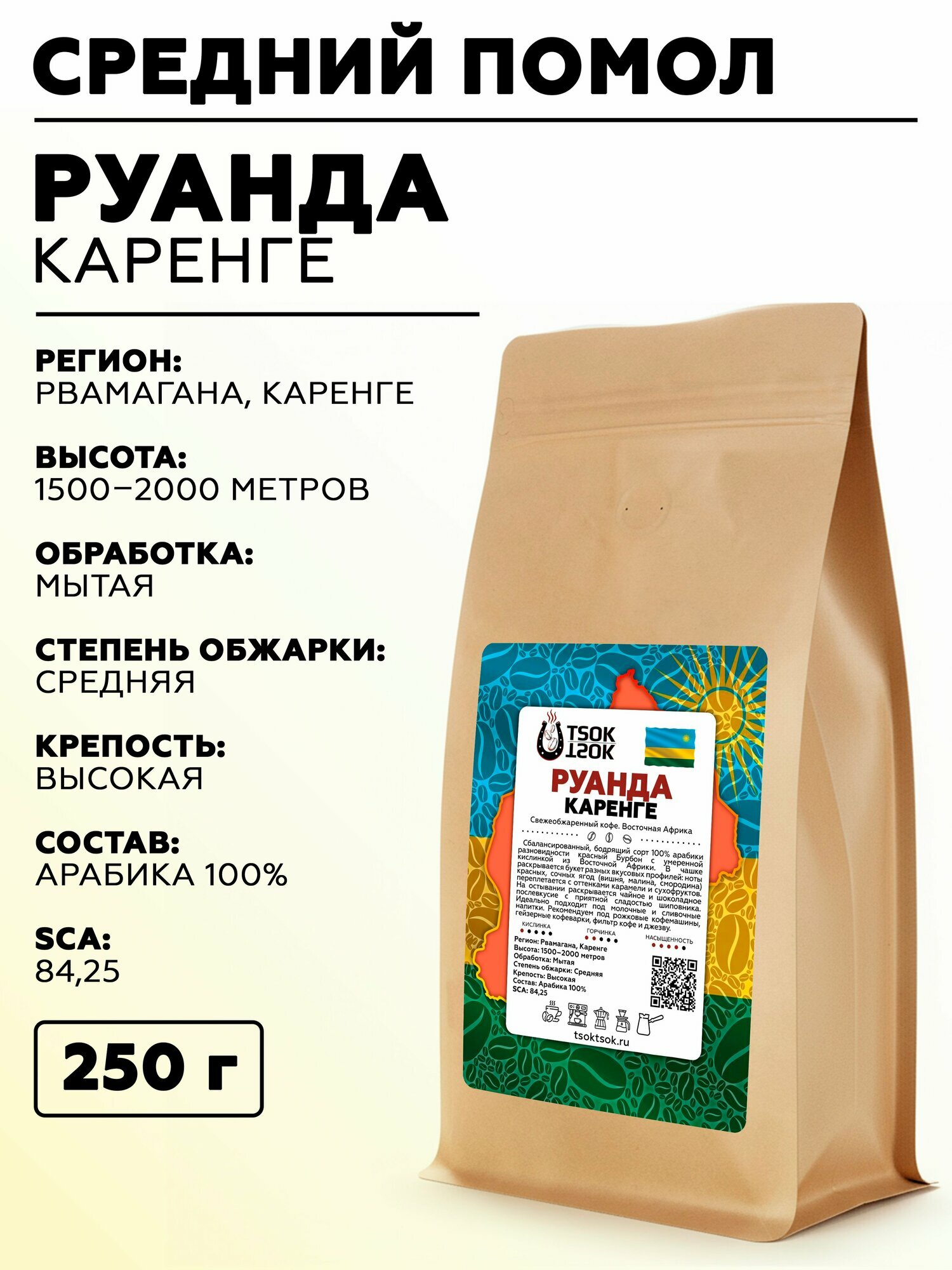 Кофе молотый Руанда Каренге, средний помол свежей обжарки, TSOK TSOK, 250 гр. арабика 100%