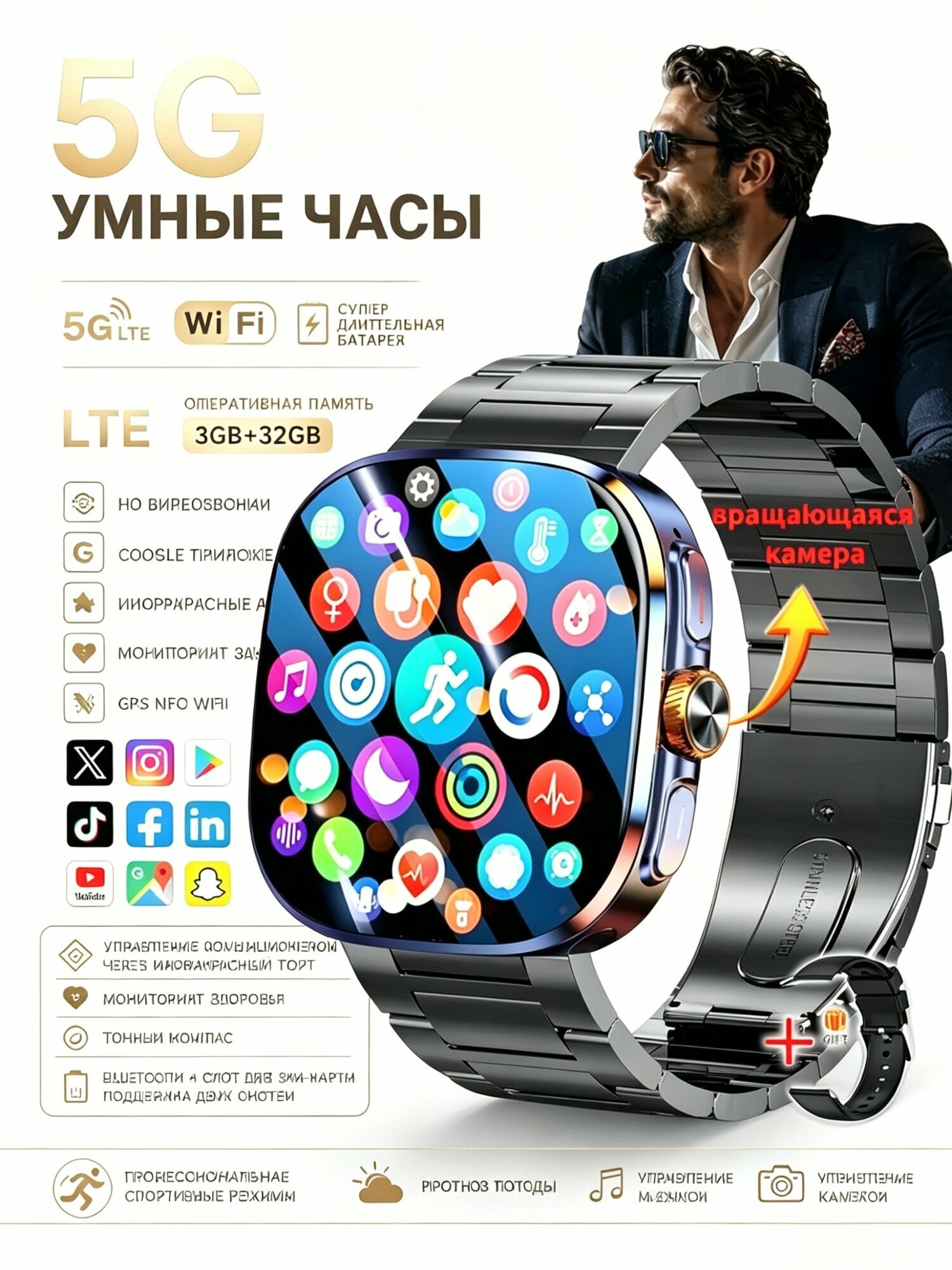 Умные часы CCIT, Android 10, Bluetooth, GPS, NFC, 4G, камера, 2.4", 2100mAh
