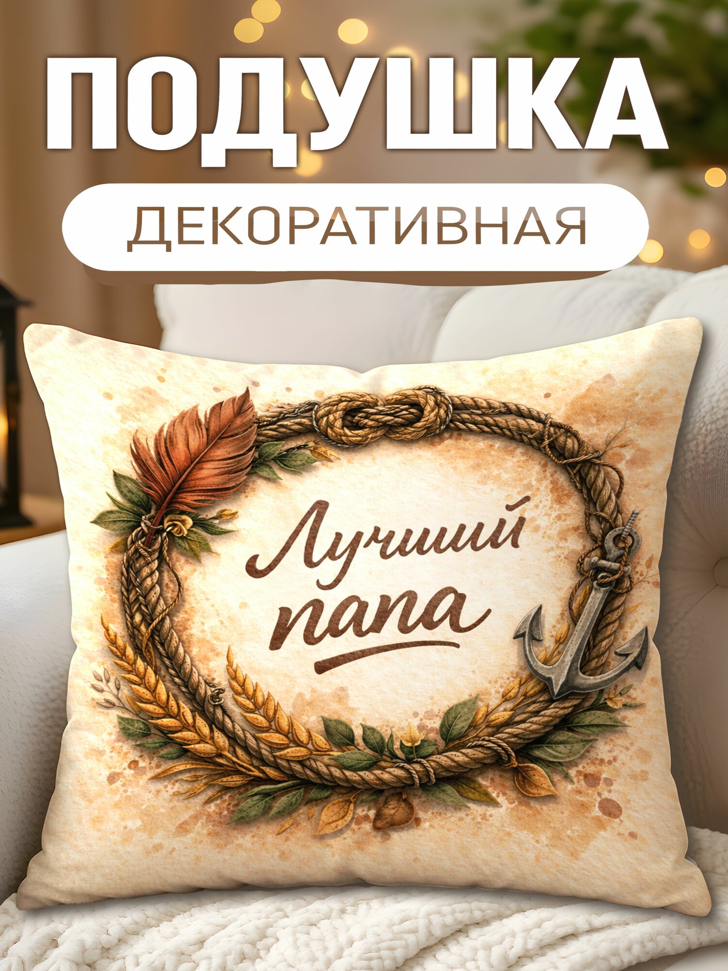 Подушка декоративная Рамка из верёвки Лучший папа