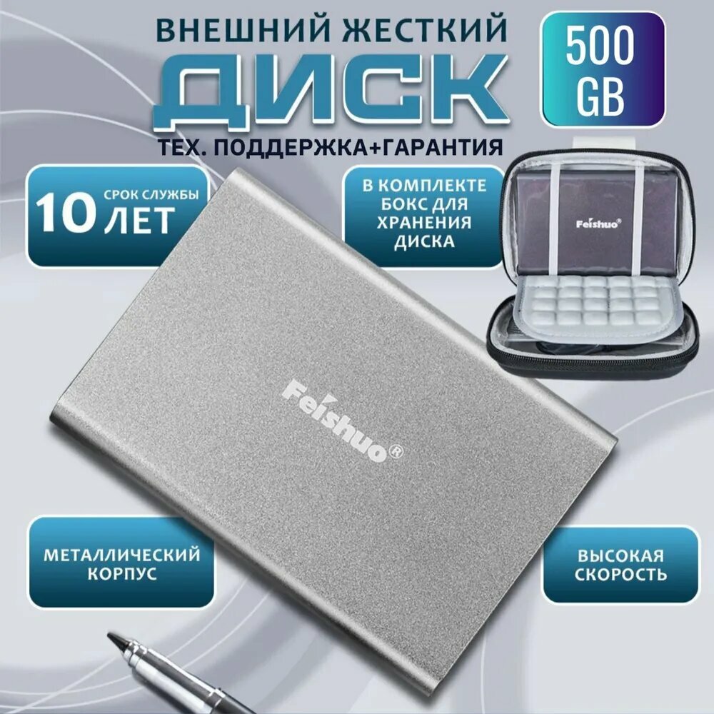 Feishuo 500 ГБ Внешний жесткий диск F202 (Pb), Металл, серый