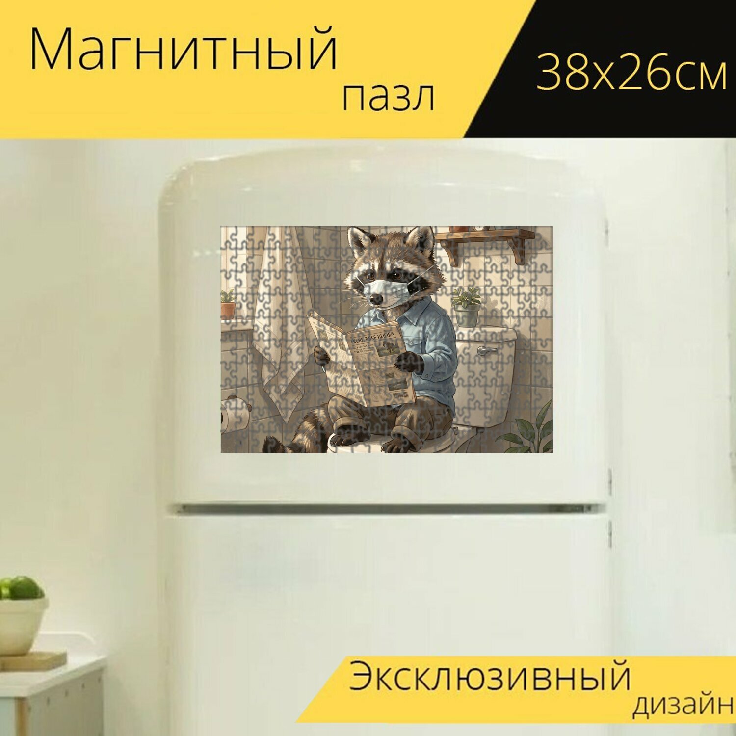 Магнитный пазл "Енот в ванной с газетой. Очаровательный антропоморфный енот в маске сидит на унитазе с газетой, вокруг плитка, полотенце и комнатные." для интерьера, 38х26 см.