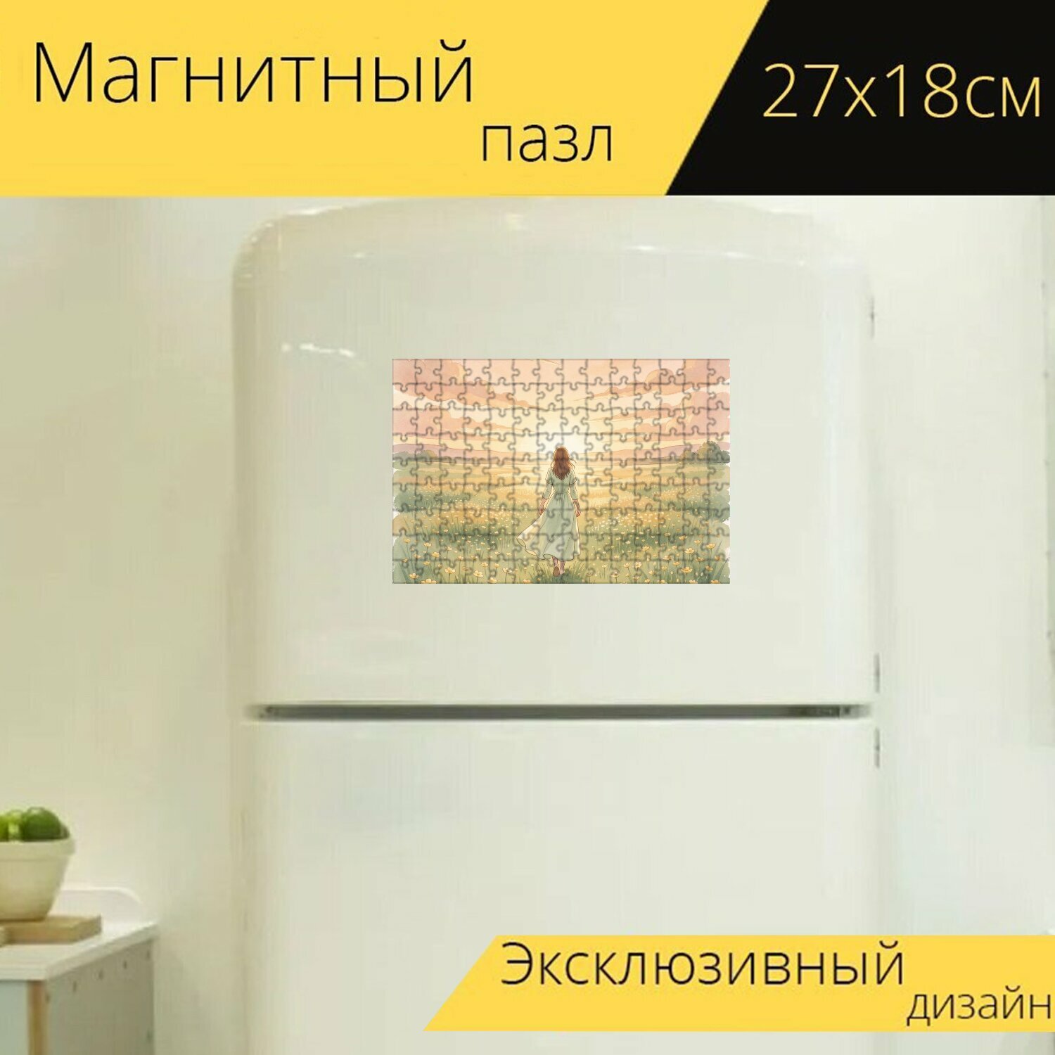 Магнитный пазл "Девушка в цветочном поле на закате. Нежная иллюстрация: юная фигура идет по лугу среди мелких желтых цветов, впереди сияющее солнце." на холодильник 27 x 18 см.