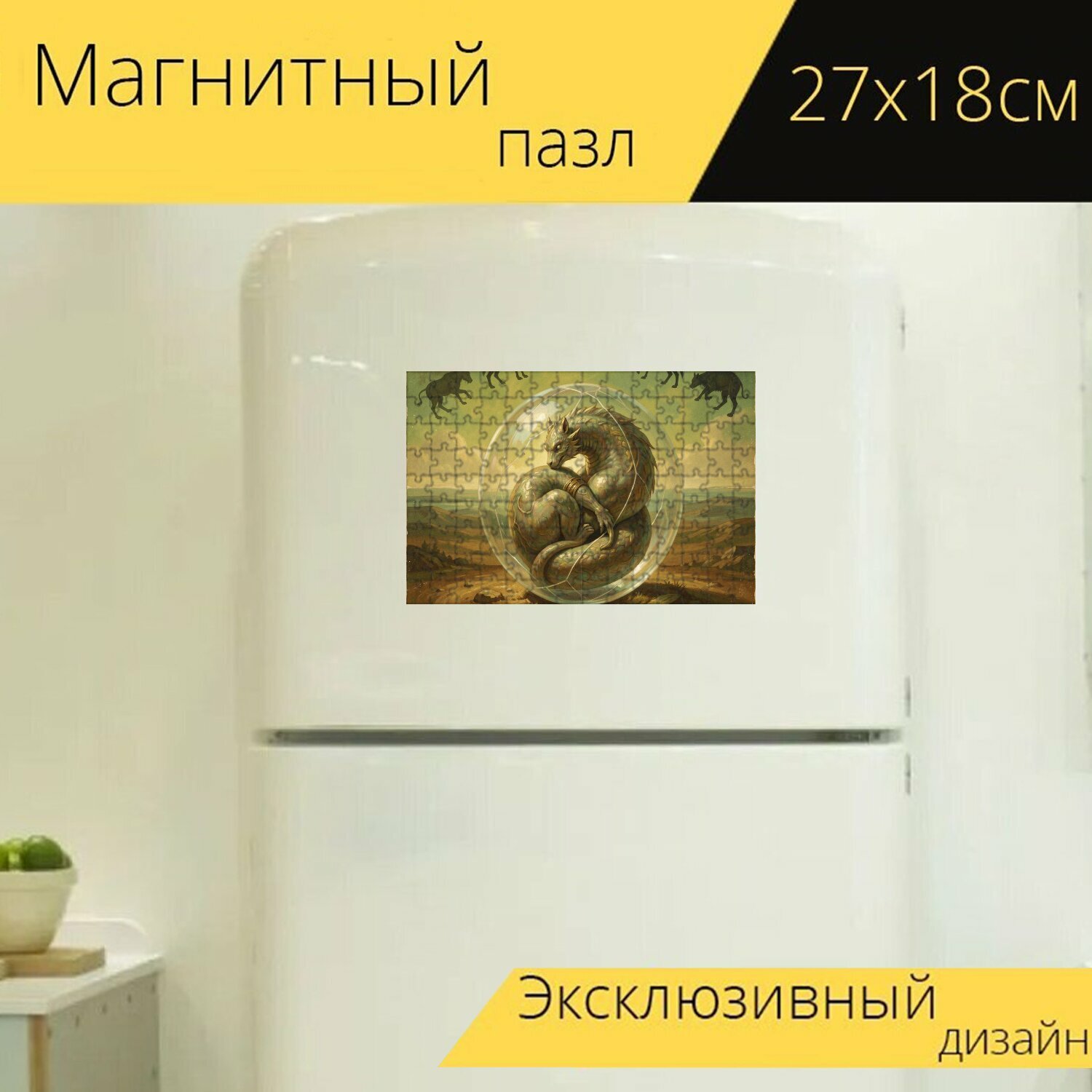 Магнитный пазл "Дракон в стеклянной сфере. Фантазийное существо, свернувшееся внутри прозрачного шара на фоне пустынного пейзажа. Вверху силуэты зверей." на холодильник 27 x 18 см.