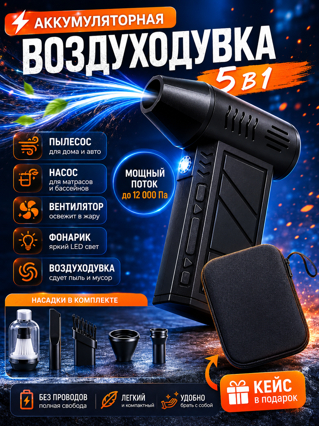 Воздуходувка-пылесос 5 в 1, аккумуляторная, подсветка, 4 скорости, в кейсе