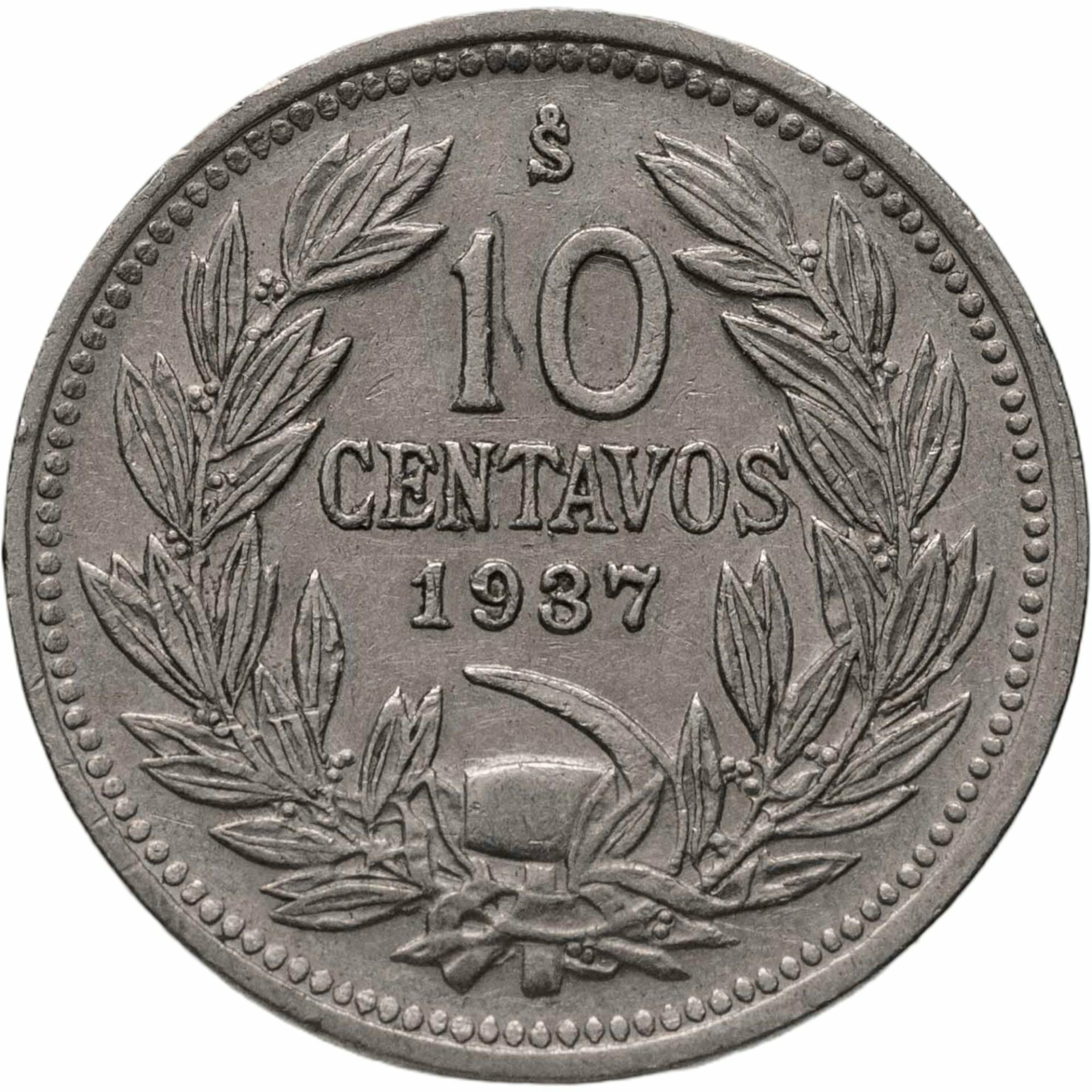 Чили 10 сентаво centavos 1937, Мельхиор медь-никель, в сохранности XF-AU