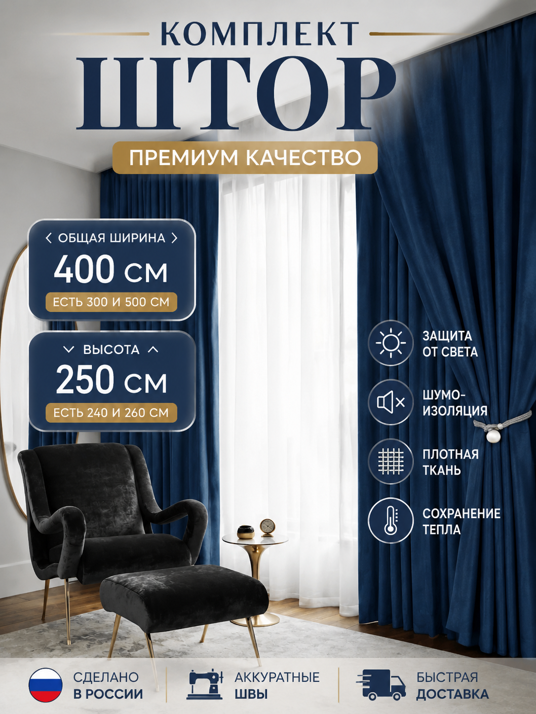 Шторы Блэкаут Темно-Синие 400x250 См Комплект 2 Полотна 200x250 См Скандинавский Стиль