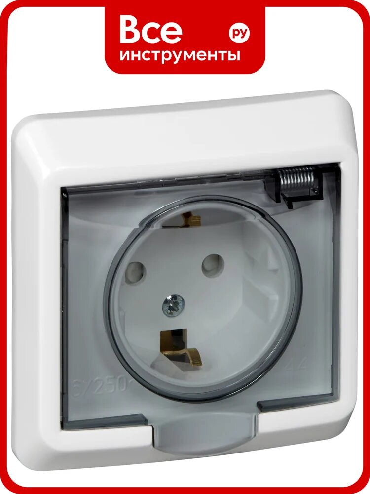 Розетка, Systeme, Systeme Electric 1-м СП Этюд IP44 с заземлением, защитные шторки, белая SchE PC16-044B, белый, (ранее