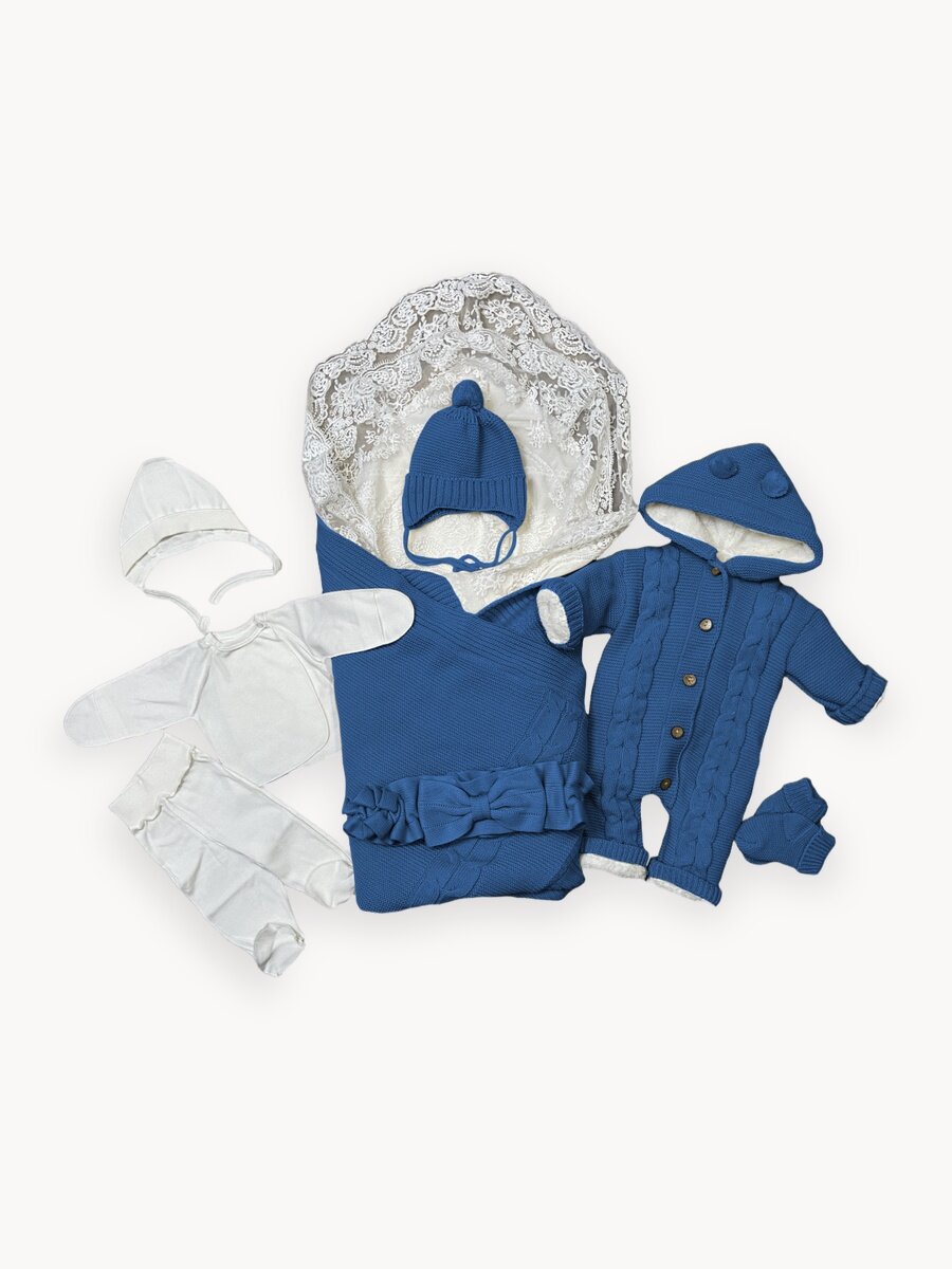 Конверт для новорожденного комплект вязаный 8 предметов на выписку вязаный В роддом подарочный синий