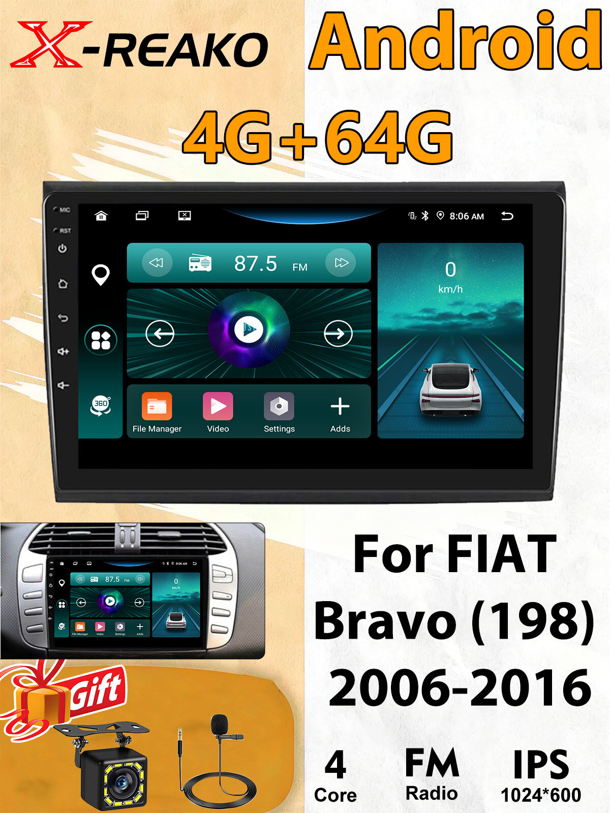 Магнитола для FIAT Bravo (198) 2006-2016 экран 9 дюймов Андроид wifi Bluetooth GPS