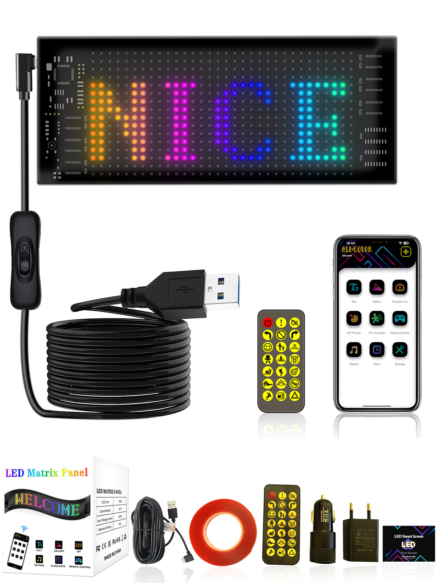 Светодиодный рекламный щит 70*173 мм IP65 водонепроницаемый гибкий экран электронный знак, подходит для автомобилей/магазинов, приложение для управления Bluetooth, индивидуальный текст и изображения