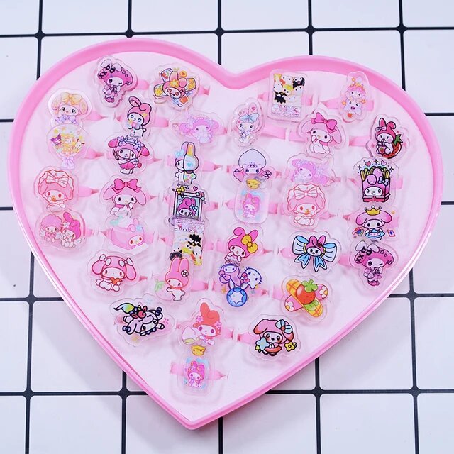 Набор из 10/20 регулируемых колец для детей Sanrio Hello Kitty Melody Kuromi Cartoon Girls Rings, подарки для вечеринки, в коробке.