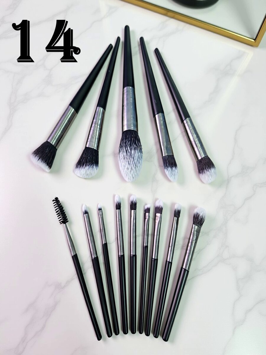 Набор из 14 кистей для макияжа в сумочке: для тональной основы, контуринга, теней и бровей, премиум‑качество.