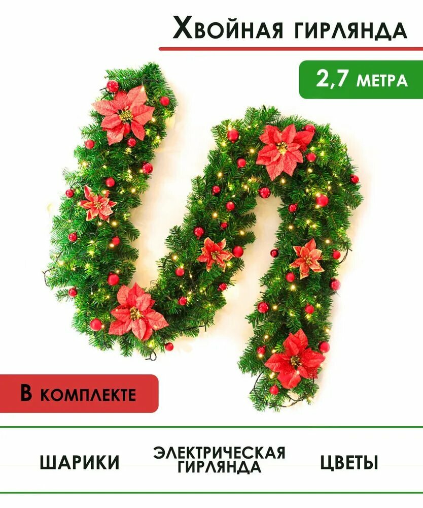 Гирлянда хвойная с шариками, бантами, подсветкой: гирлянда новогодняя хвоя