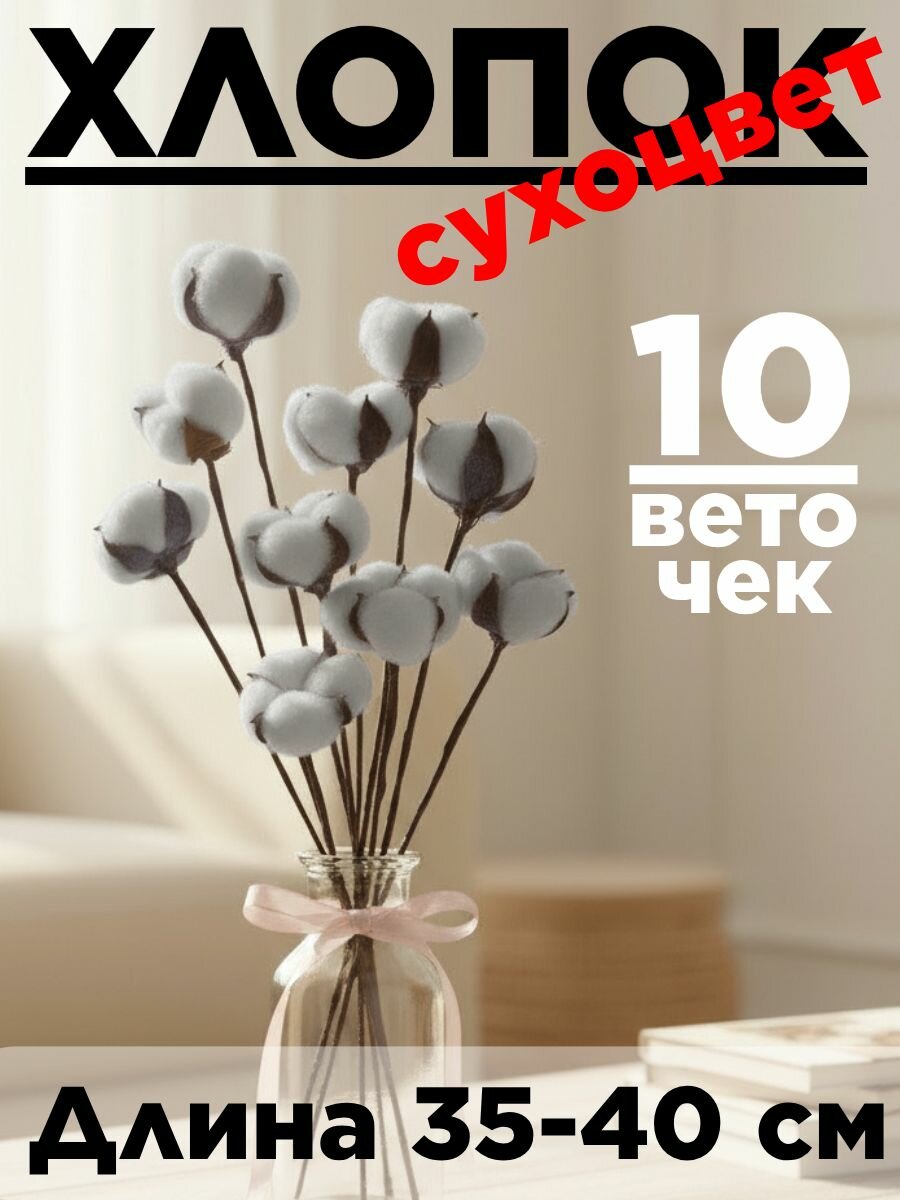 Декоративная ветка хлопка Epic Home "Серый Красивый цвет", сухоцветы, 35см, в комплекте 10шт