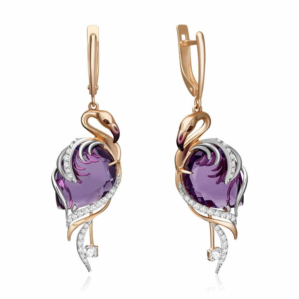 Серьги с подвесками, красное золото, 585 проба, эмаль, аметист, топаз