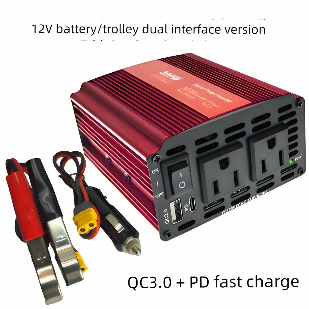 Автомобильный инвертор 12В на 110В 300Вт улучшенная модель с QC3.0 и Type-C, независимым выключателем и двойным разъемом