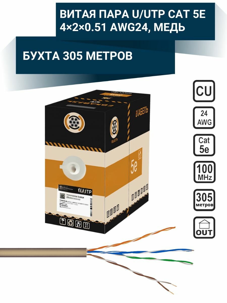 Витая пара U/UTP Cat 5e 4 2 0.51 (AWG24, медь, PVC)
