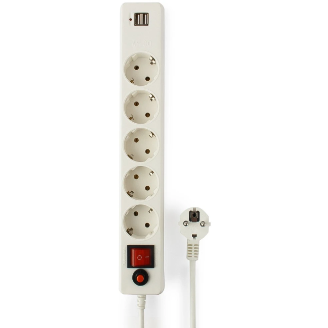 ECL-5-U2-W-1.8 Сетевой фильтр Гарнизон ECL-5-U2-W-1.8, 5р, 10А, 2xUSB, 1.8м, ур. защиты 4, белый, пакет