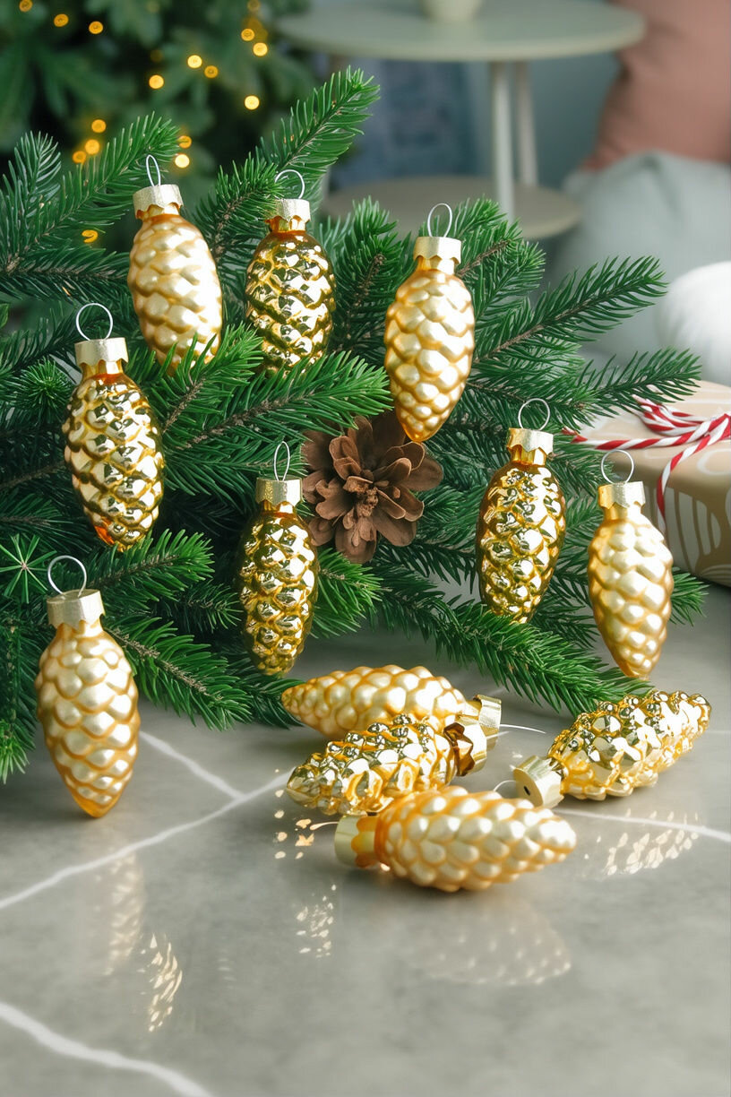 Набор ёлочных игрушек шишки-малышки стеклянные, эмалевые и матовые, цвет: золотой, 60 мм, упаковка 12 шт, Winter Deco 1001378