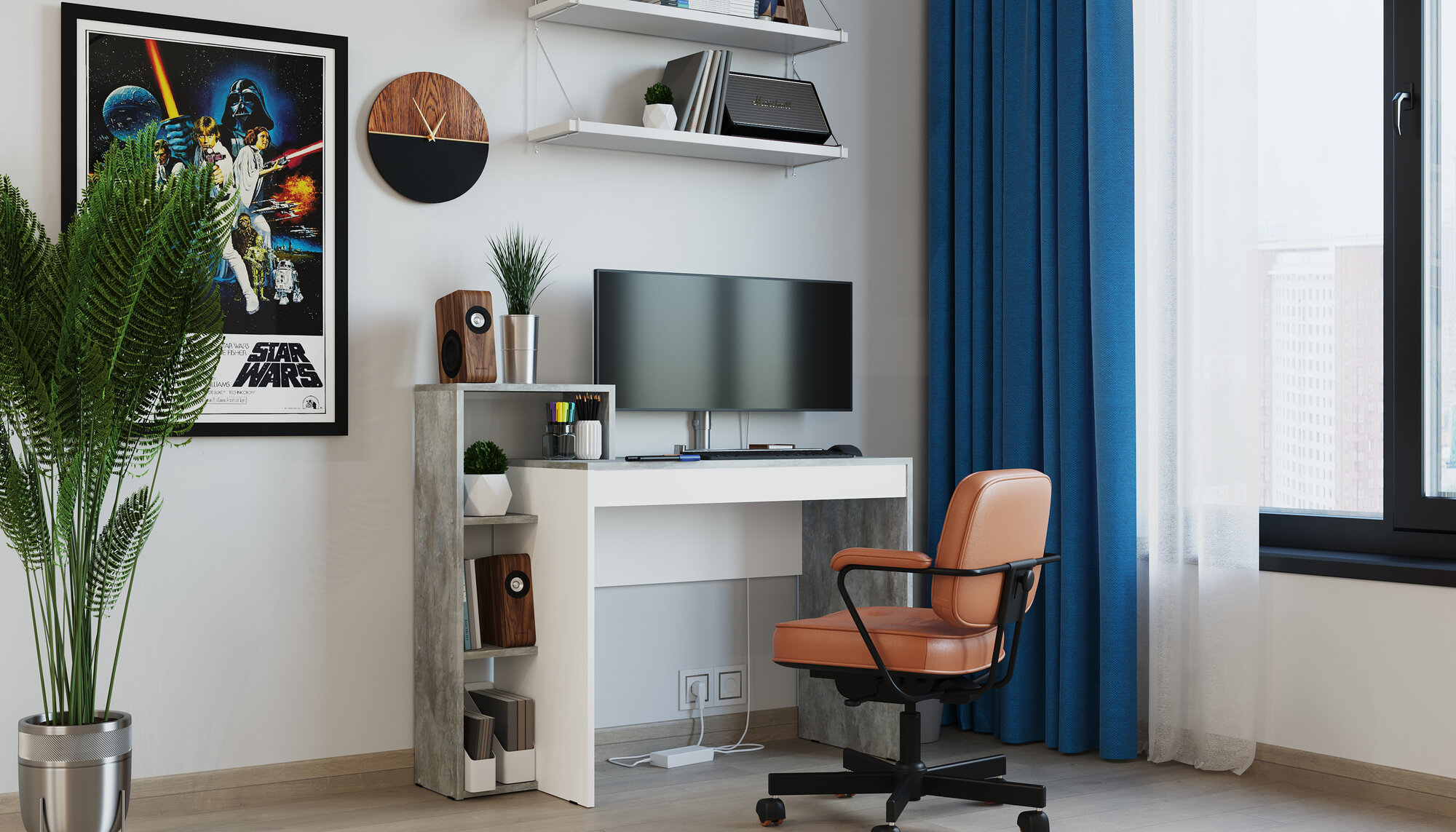 Письменный стол Мебельная фабрика Volodin&Co, ЛДСП, с полками, цемент светлый/белый