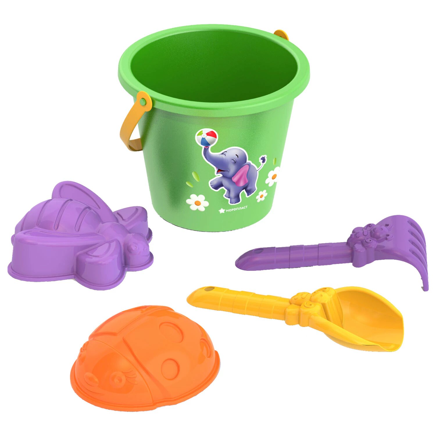 Набор для игр в песке: ведерко, совочек, грабельки, 2 формочки "Ассорти", нордпласт, 3шт.