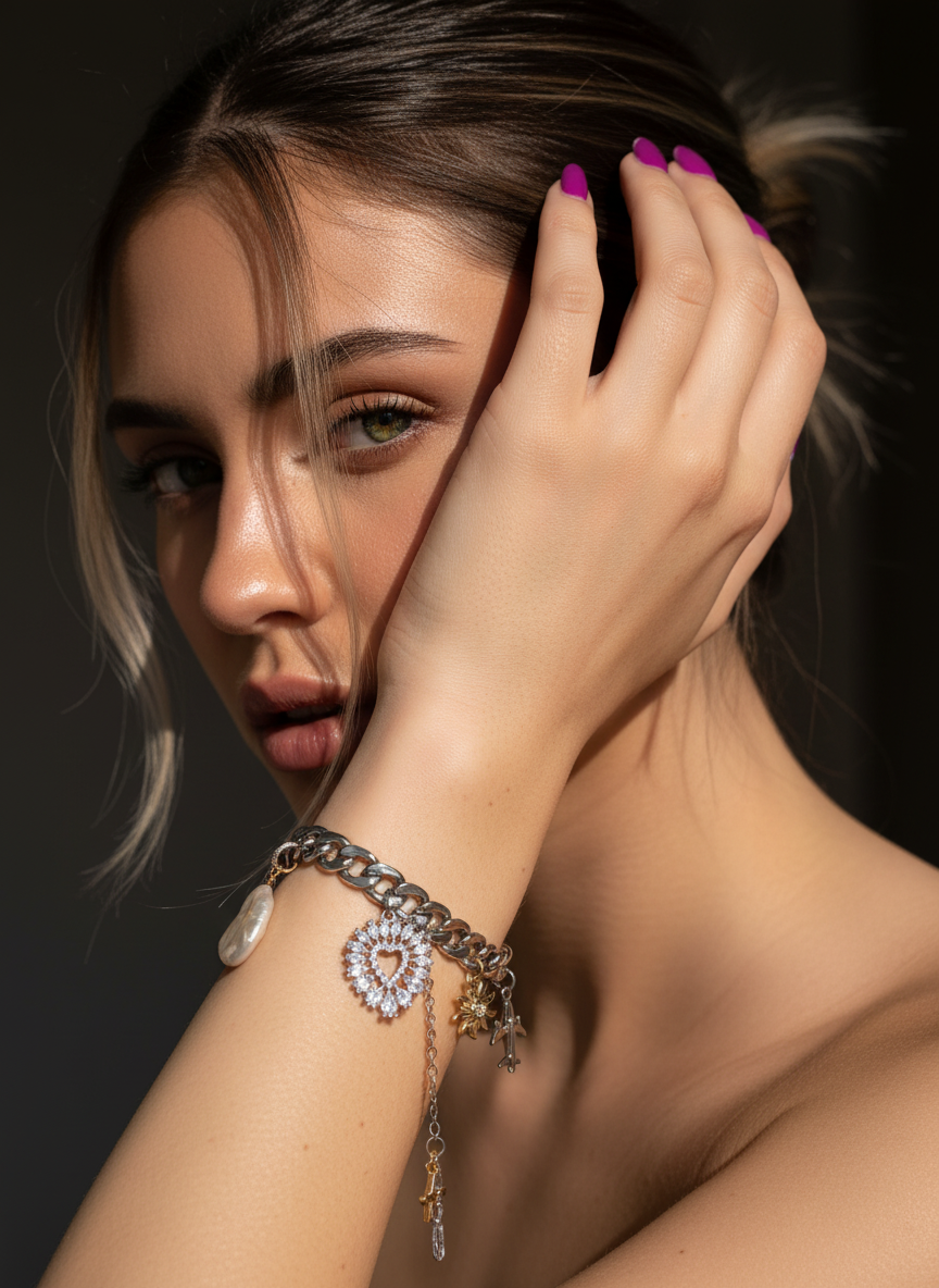 Плетеный браслет, фианит, жемчуг пресноводный культивированный