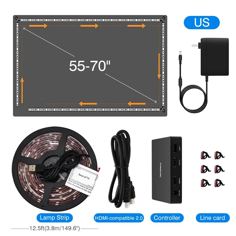 Подсветка для смарт-ТВ, RGB-экран, Цветовая синхронизация, Светодиодная лента, 55-70 inch US