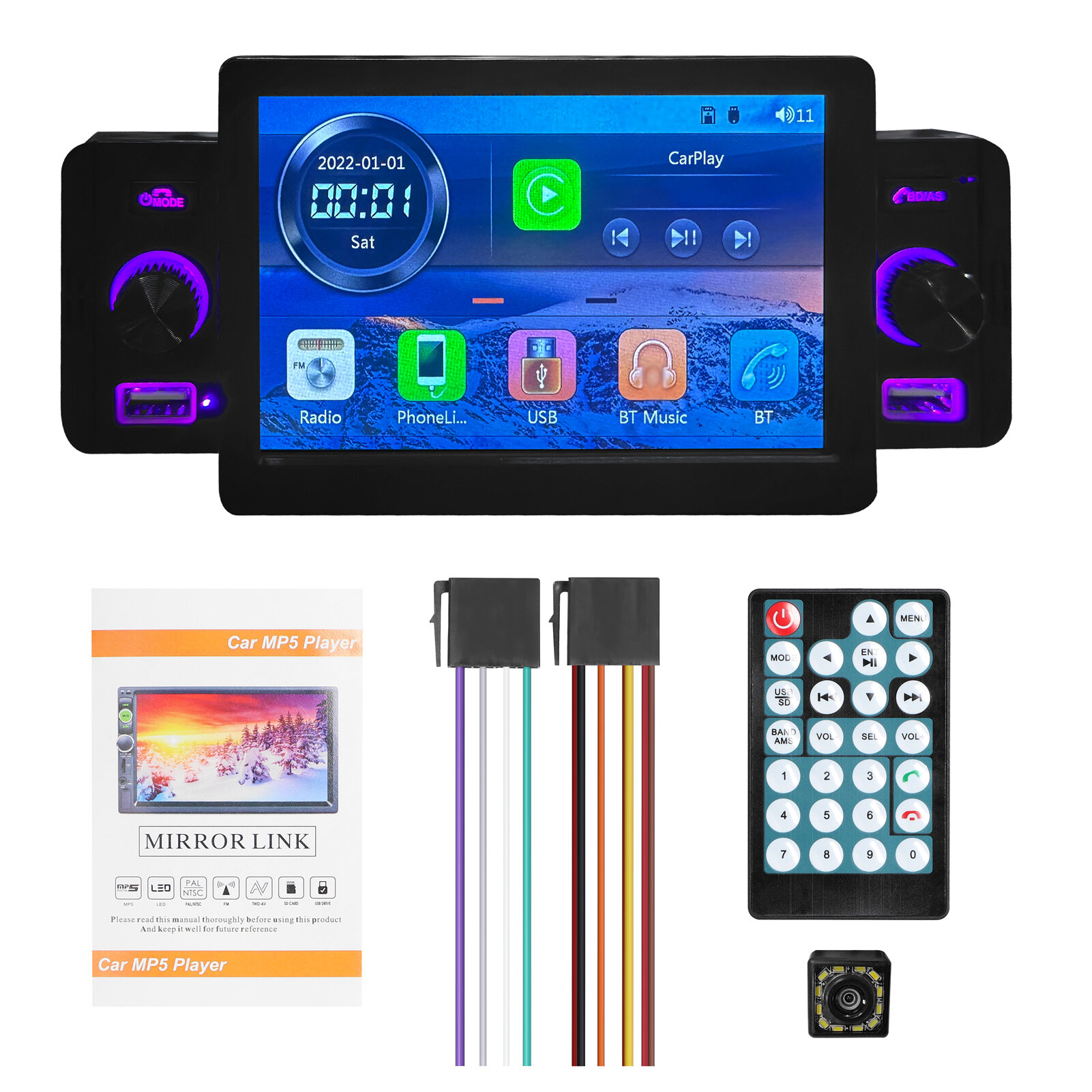 5 Inch Car Stereo MP5 Player Single Din BT5.0 FM 87.5-108.0MHz Radio Receiver Carplay Android Auto Hands-Free Calling USB Charge/Playback Phone Link Reversing Assist Steering Wheel Control with Backup Camera 12V 60W*4 800*480 Resolution